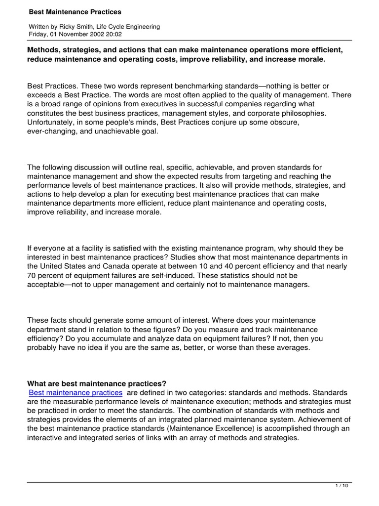 Best Maintenance Practices | PDF | Reliability Engineering | Systems ...