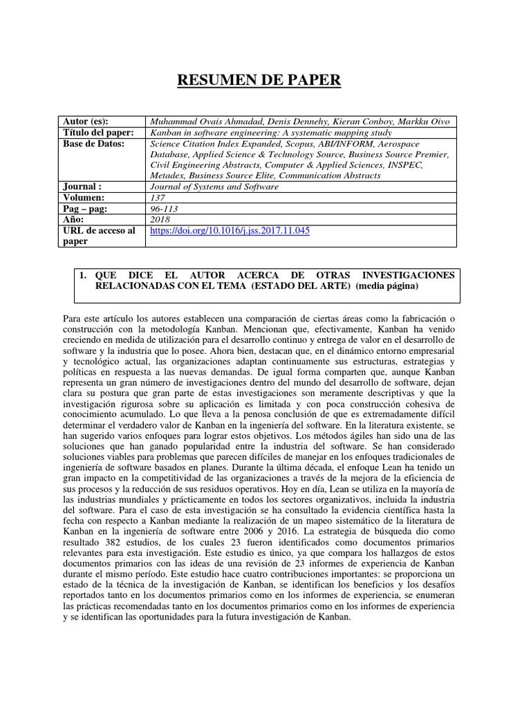 RESUMEN PAPER - Kanban in Software Engineering A Systematic Mapping Study | PDF | Ingeniería de ...