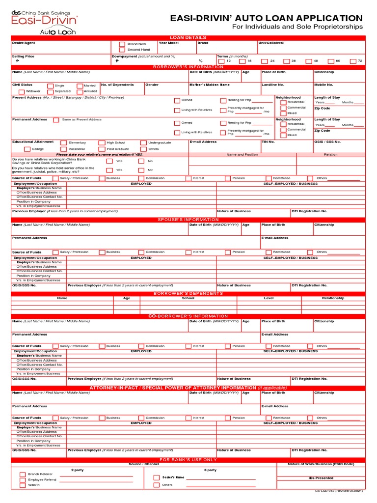 CS-L&D-062 - Auto Loan Application Form (Individual) | Download Free ...