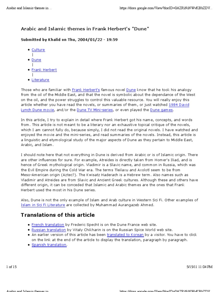 Arabic and Islamic Themes in Frank Herbert's "Dune" - Khalid Baheyeldin ...