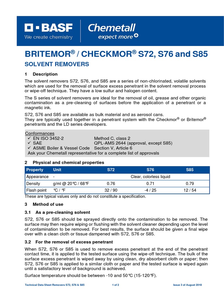 Britemor / Checkmor S72, S76 and S85: Solvent Removers | PDF ...
