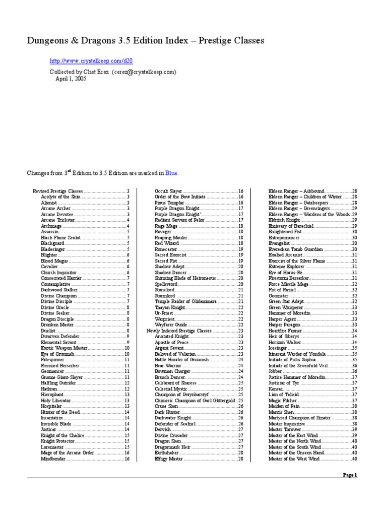 DnD3.5Index Classes Prestige | PDF | Fantasy Games | Fantasy