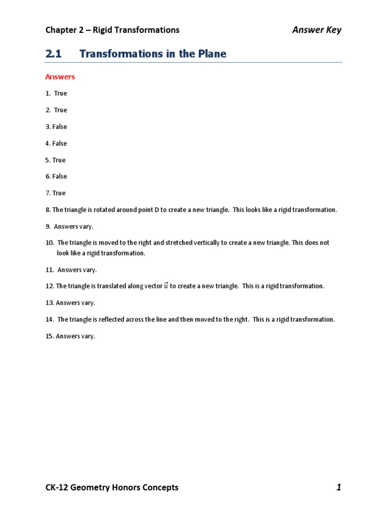 Rigid Transformations Answer Key | PDF | Line (Geometry) | Shape