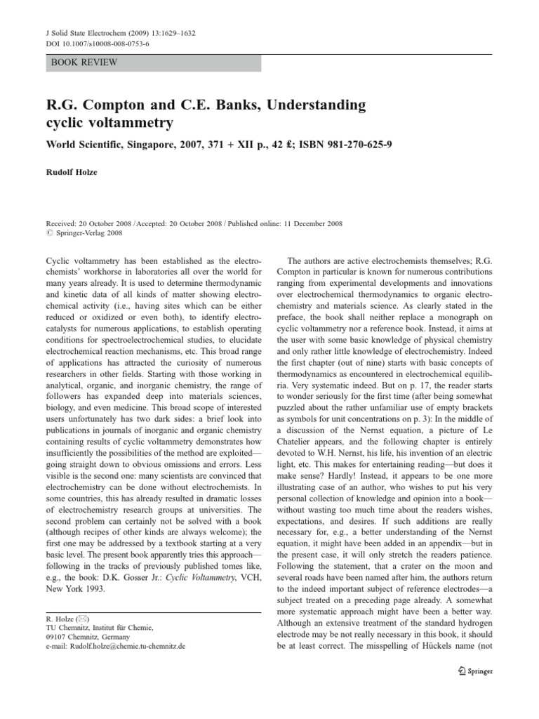 R.G. Compton and C.E. Banks, Understanding Cyclic Voltammetry | PDF ...
