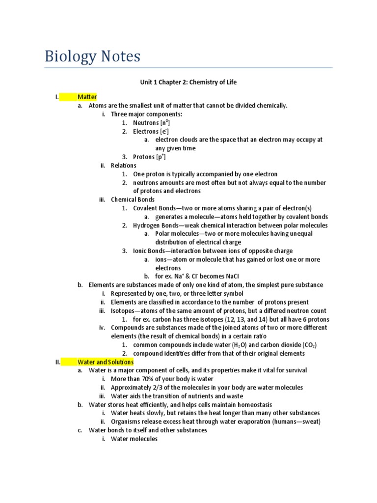 Biology Notes: Unit 1 Chapter 2: Chemistry of Life | PDF | Enzyme ...