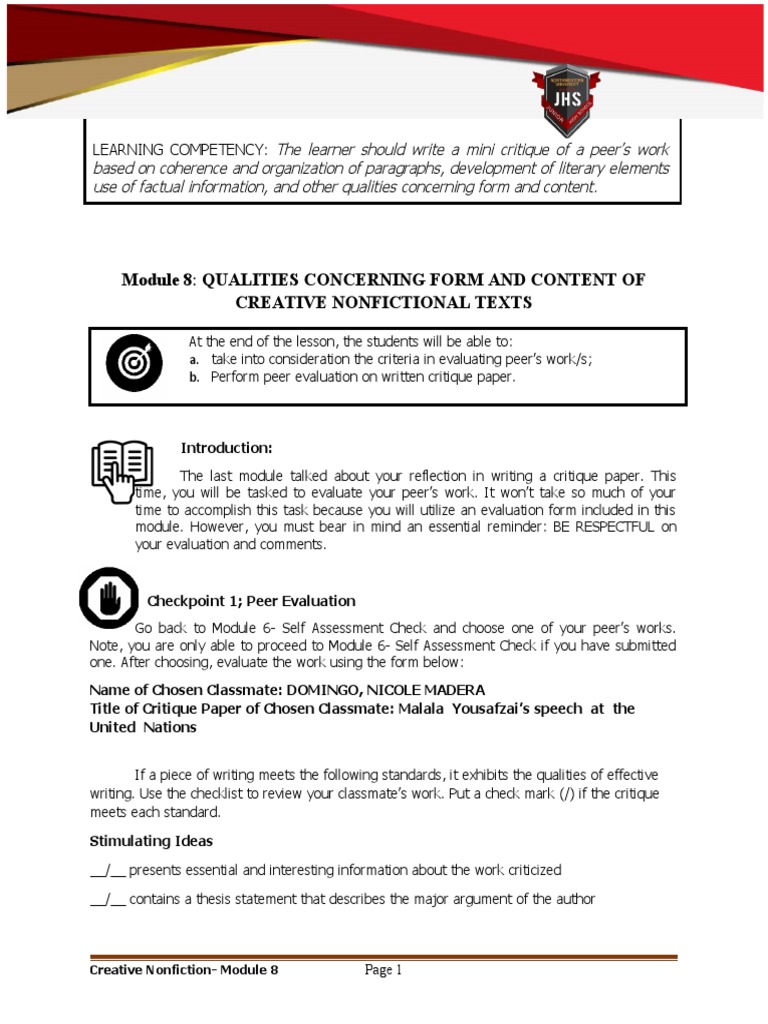 Peer Evaluation in Creative Nonfiction | PDF | Sentence (Linguistics ...