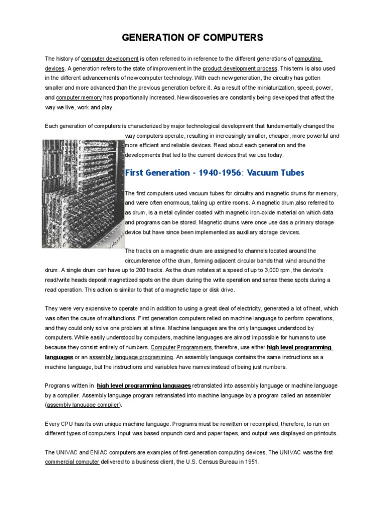 Generation of Computers: First Generation - 1940-1956: Vacuum Tubes ...