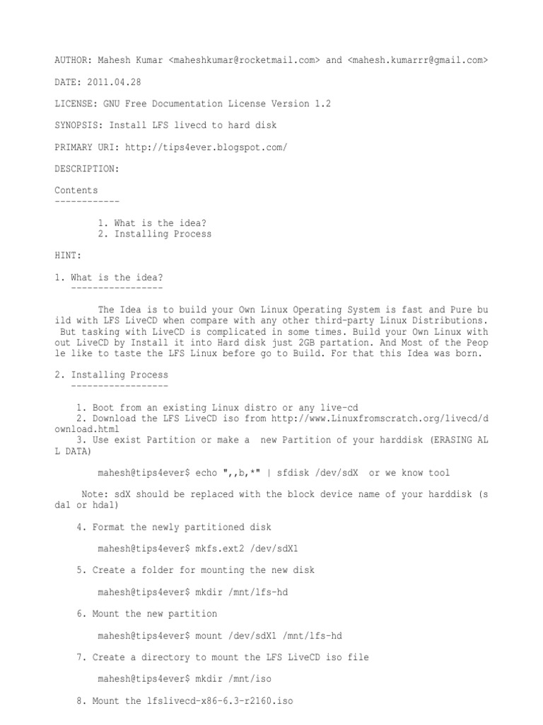 Install LFS LiveCD To Hard-Disk | PDF | Operating System Technology ...