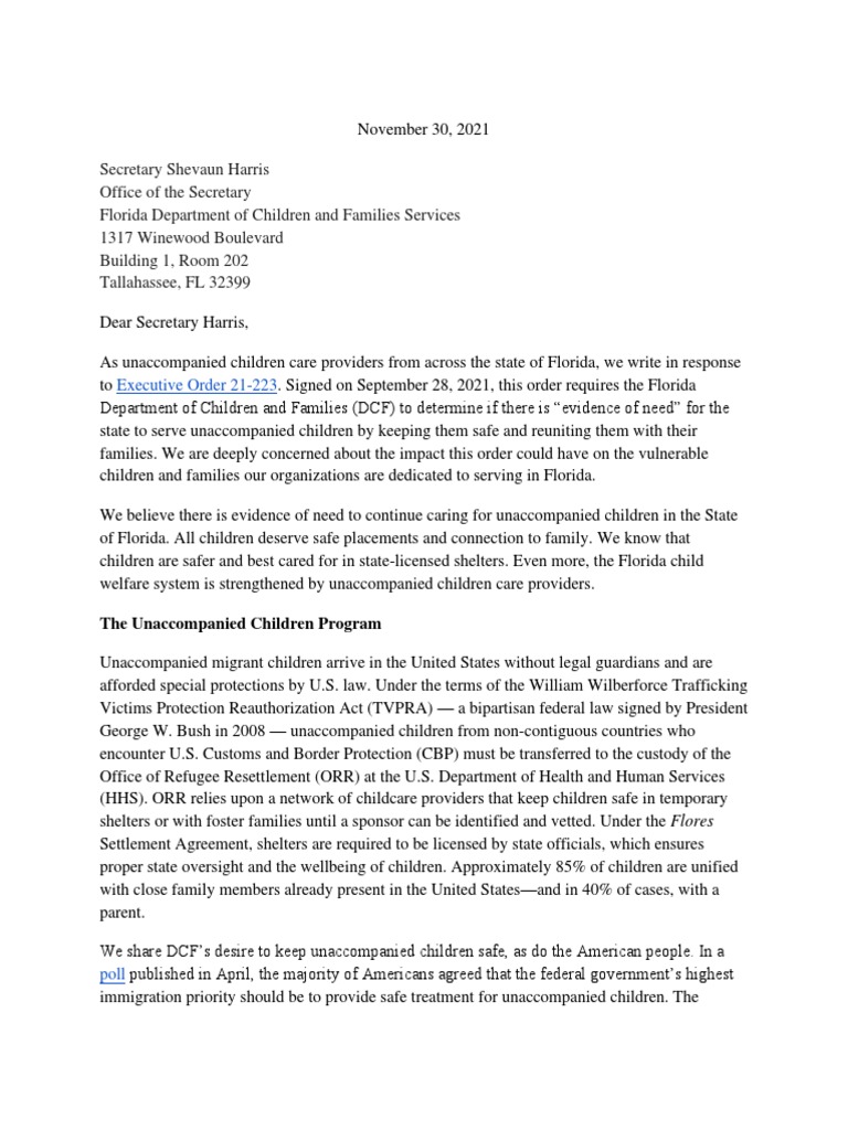 11.30.21 - FL UC Care Provider Letter To DCF | PDF | Social ...