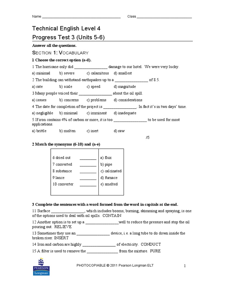 Technical English Level 4 Progress Test 3 (Units 5-6) : Answer All The ...