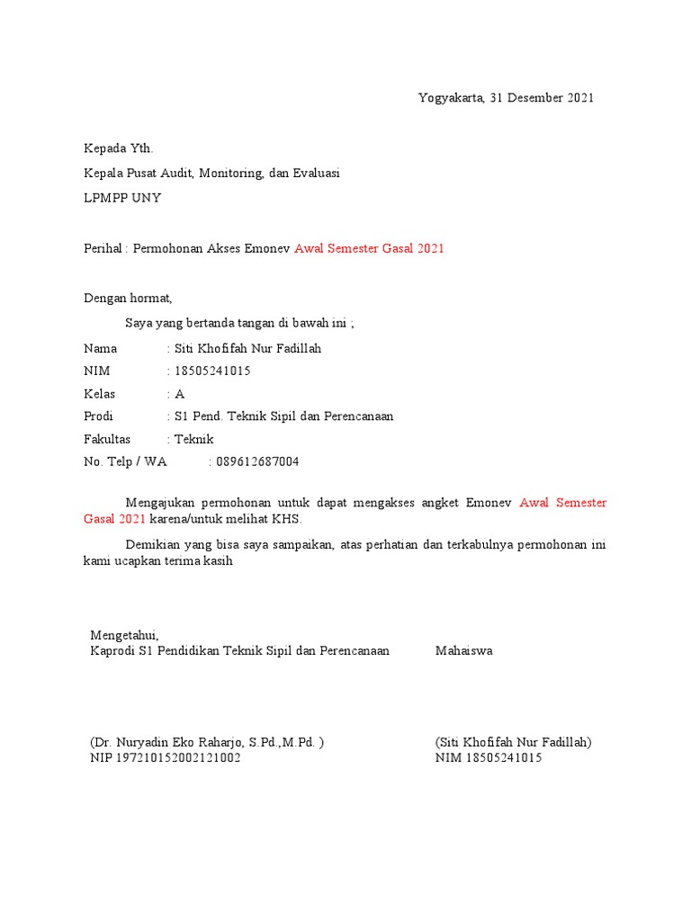 Feby Adhitya - Surat Permohonan Emonev | PDF