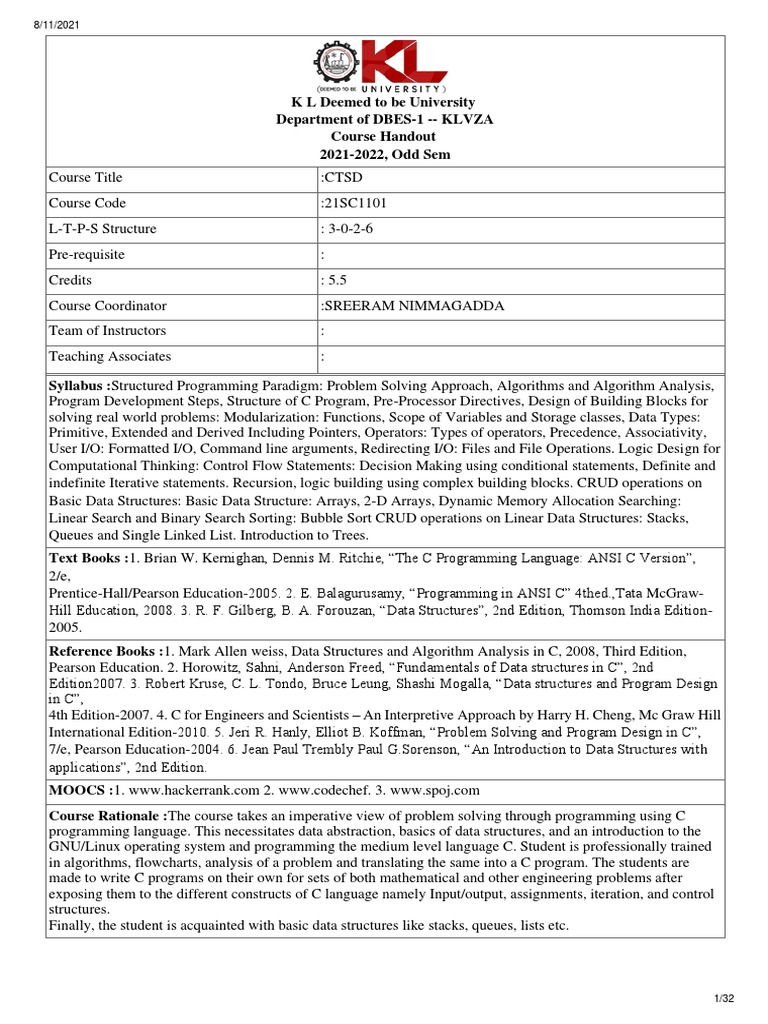 Course handout-21SC1101 | PDF | Engineering | C (Programming Language) Course handout-21SC1101 | PDF | Engineering | C (Programming Language)