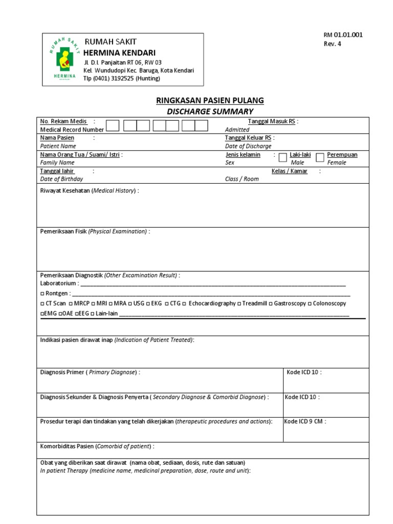 RM 01.01.001 Rev.4 Ringkasan Pasien Pulang Discharge Summary | PDF