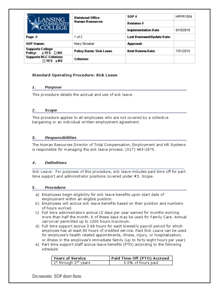 Standard Operating Procedure: Sick Leave: 1. Purpose | PDF | Sick Leave ...