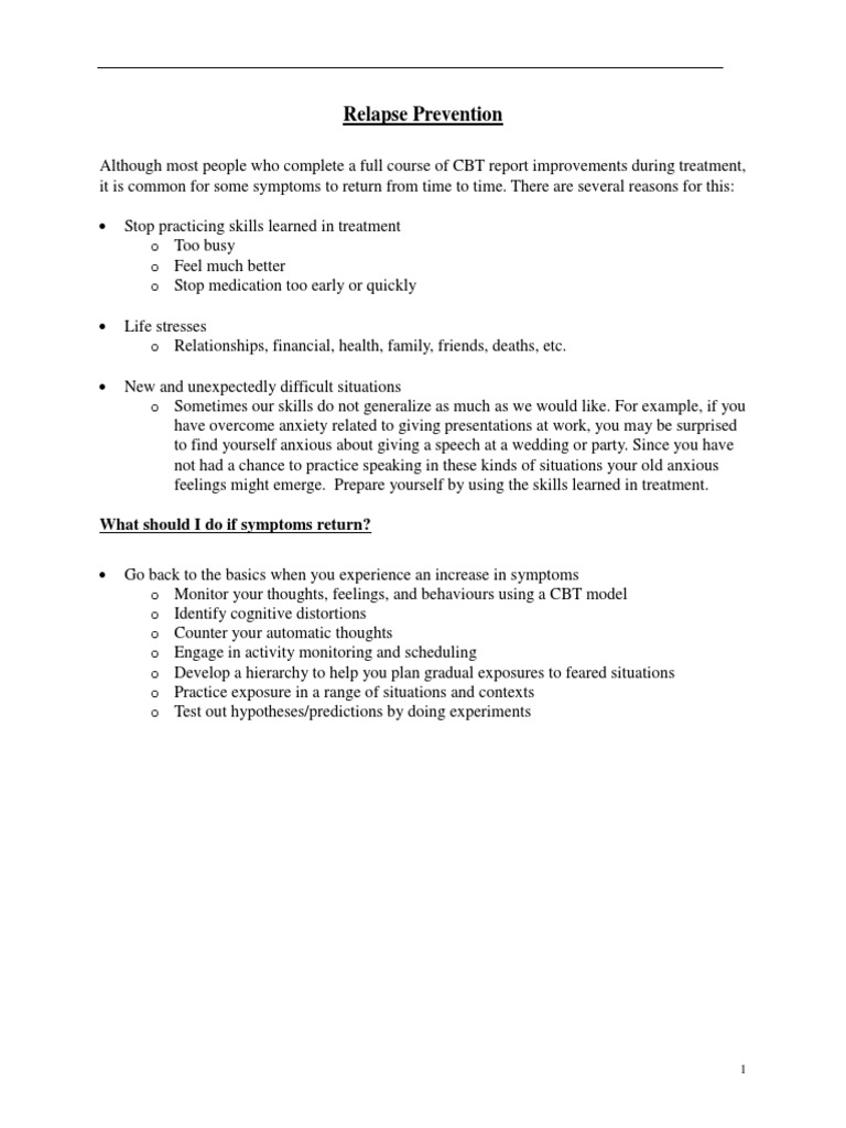 Relapse Prevention in CBT Therapy | PDF | Cognitive Behavioral Therapy ...