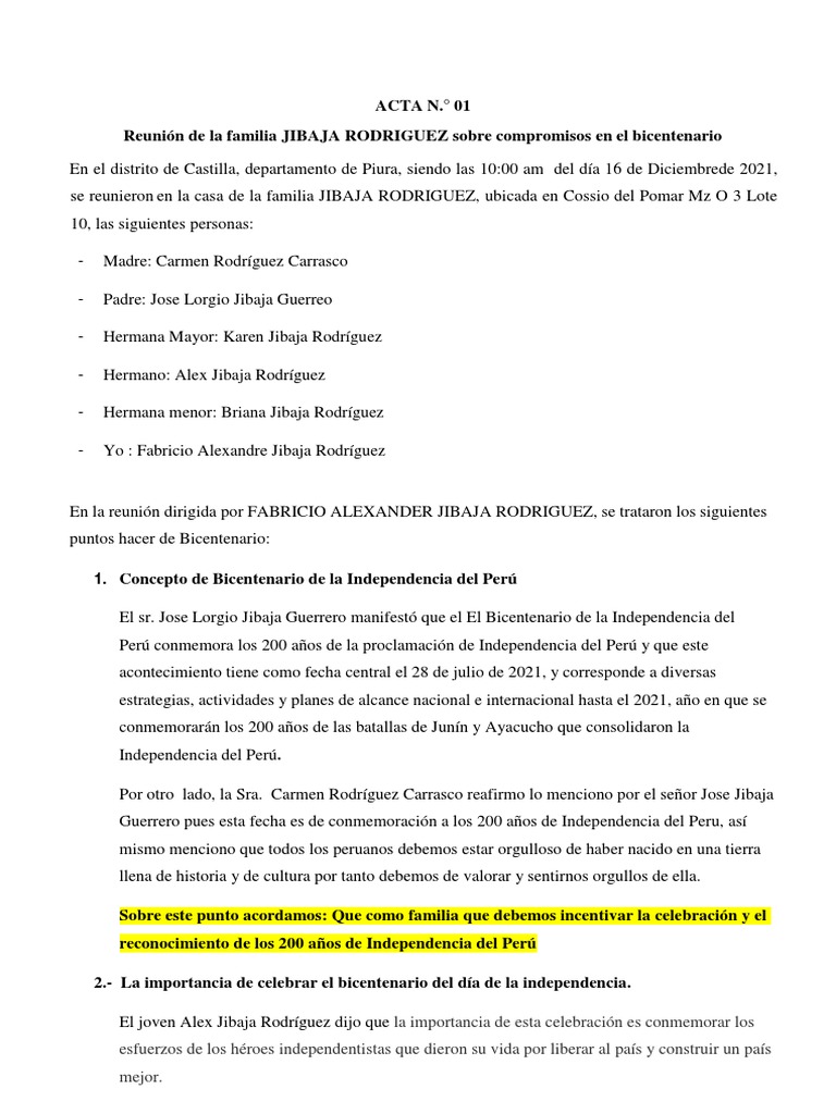 Acta de Compromiso de Fabricio Alexander Jibaja Rodriguez PDF | PDF | Perú