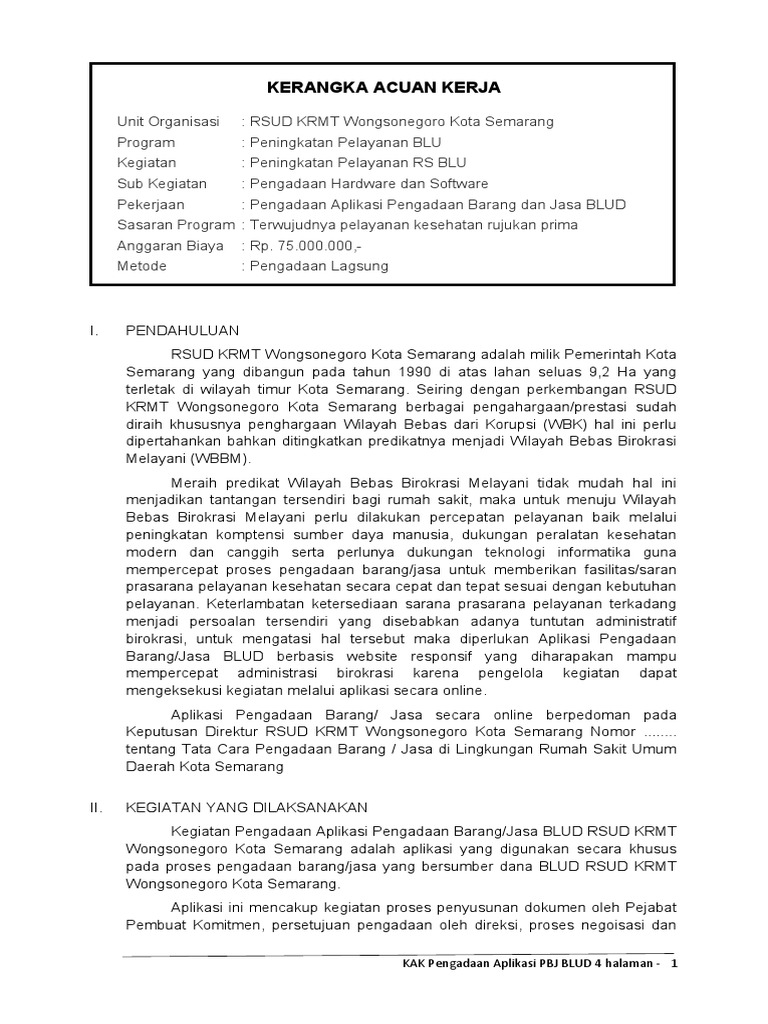 Kerangka Acuan Kerja: KAK Pengadaan Aplikasi PBJ BLUD 4 Halaman - 1 | PDF | Teknologi & Rekayasa