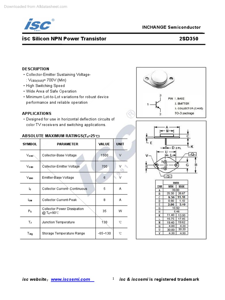 Silicon NPN Power Transistor 2SD350: Description | PDF | Bipolar ...
