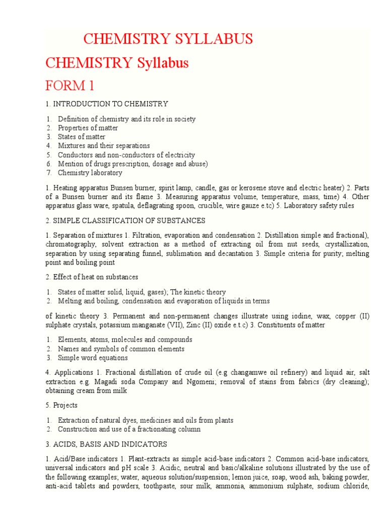Chemistry Syllabus CHEMISTRY Syllabus: Form 1 | Download Free PDF ...