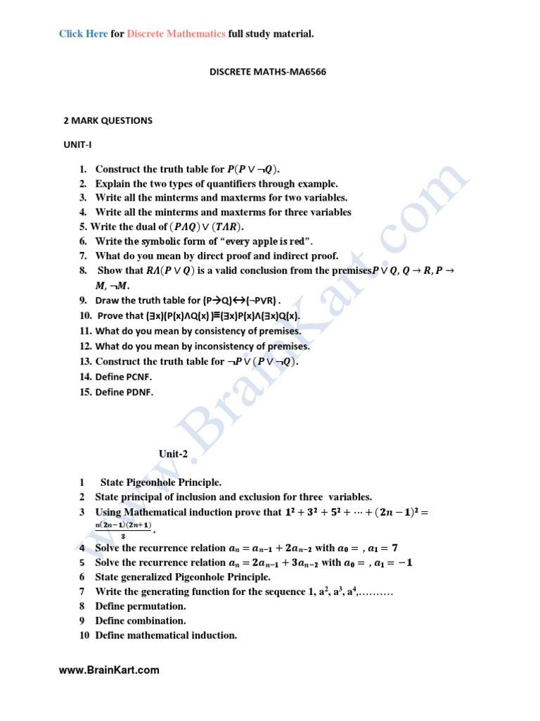 094 - MA8351, MA6566 Discrete Mathematics - Question Bank 3 | PDF | Mathematical Relations ...