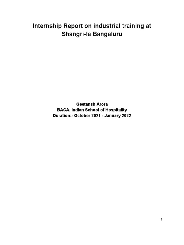 Internship Report On Industrial Training at Shangri-La Bangaluru | PDF ...