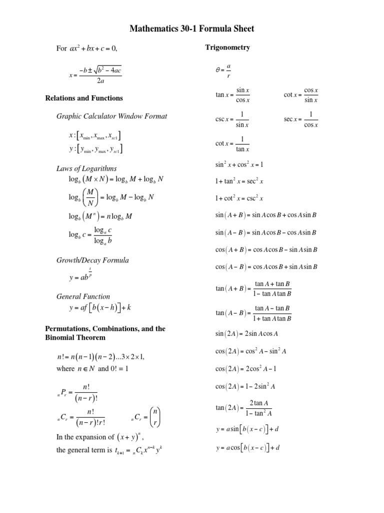 Mathematics 30-1 Formula Sheet: Ax BXC | PDF | Trigonometric Functions ...