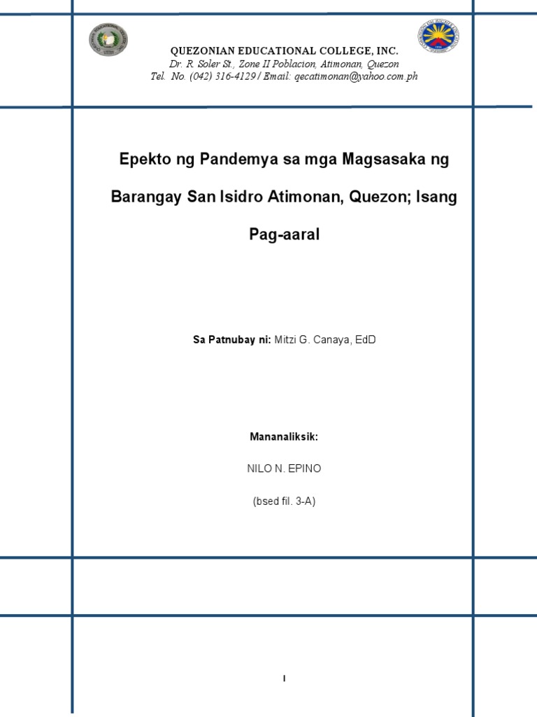 Epekto NG Pandemya Sa Mga Magsasaka NG Barangay San. Isidro Atimonan Quezon Isang Pag-Aaral | PDF