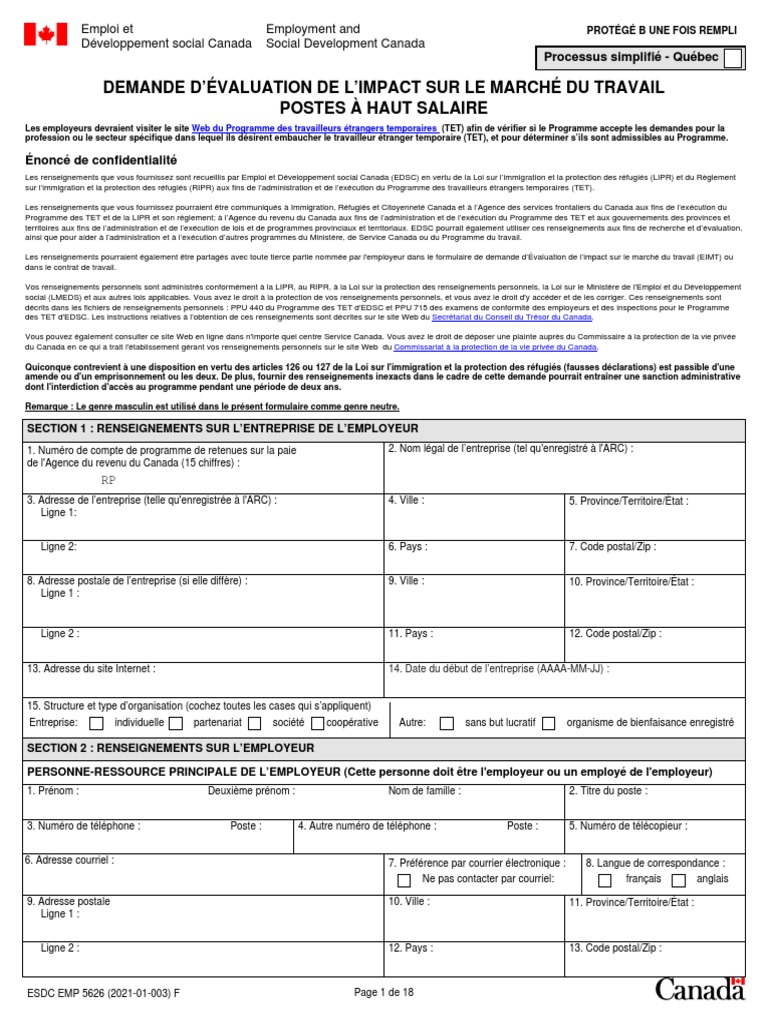 Demande EIMT pour postes haut salaire | PDF | Travailleur étranger | Canada