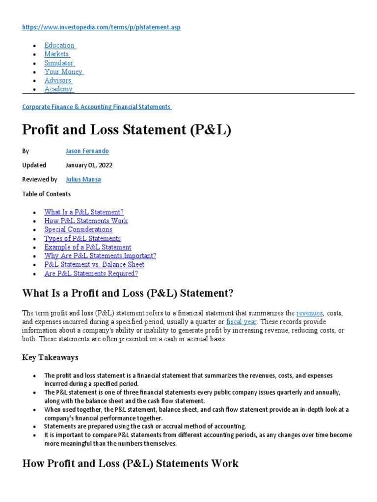 What Is A Profit and Loss (P&L) Statement - Investopedia | PDF | Income ...