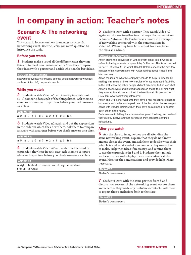 In Company 3.0 Intermediate in Action Video Worksheets Teacher's Notes ...