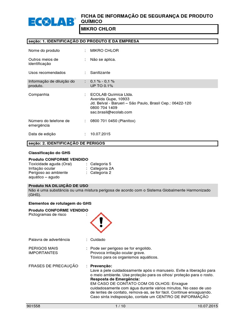 Sanitizante MIKRO CHLOR Ficha de Segurança | PDF | Desperdício | Química
