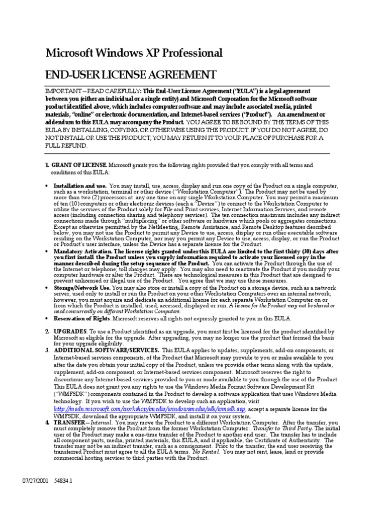 Microsoft Windows XP Professional - EULA | PDF | Digital Rights ...