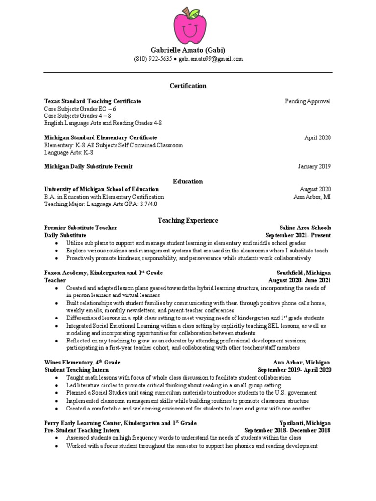 Gabrielle Amato's Teaching Resume | PDF | Teachers | Classroom