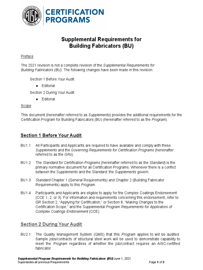 Supplemental Requirements For Building Fabricators (BU) : Section 1 ...