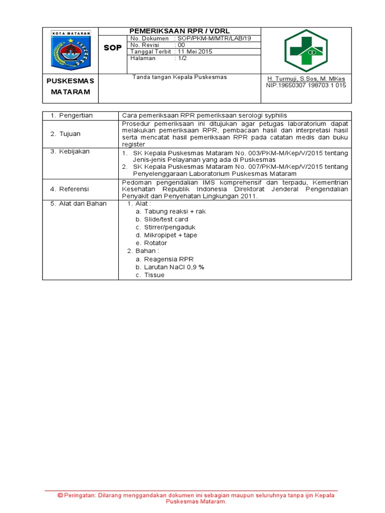 Sop Pemeriksaan RPR (VDRL) | PDF