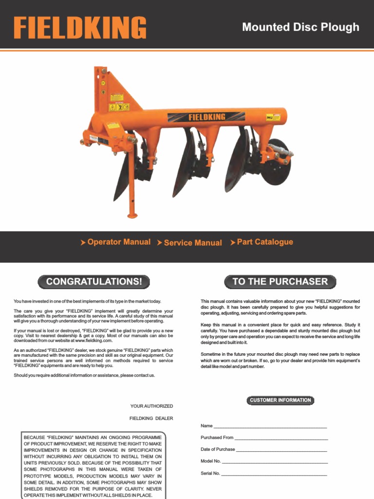 Mounted Disc Plough Operator's Manual: A Guide to Operation ...