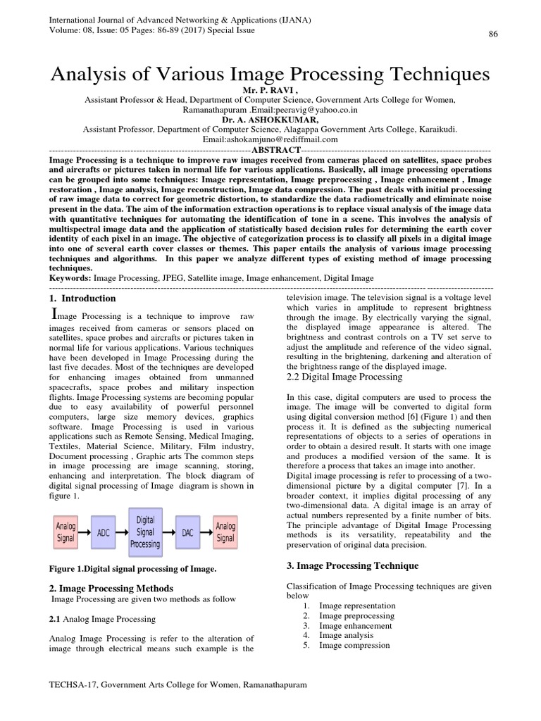 Analysis of Various Image Processing Techniques | PDF | Data Compression | Digital Signal Processing
