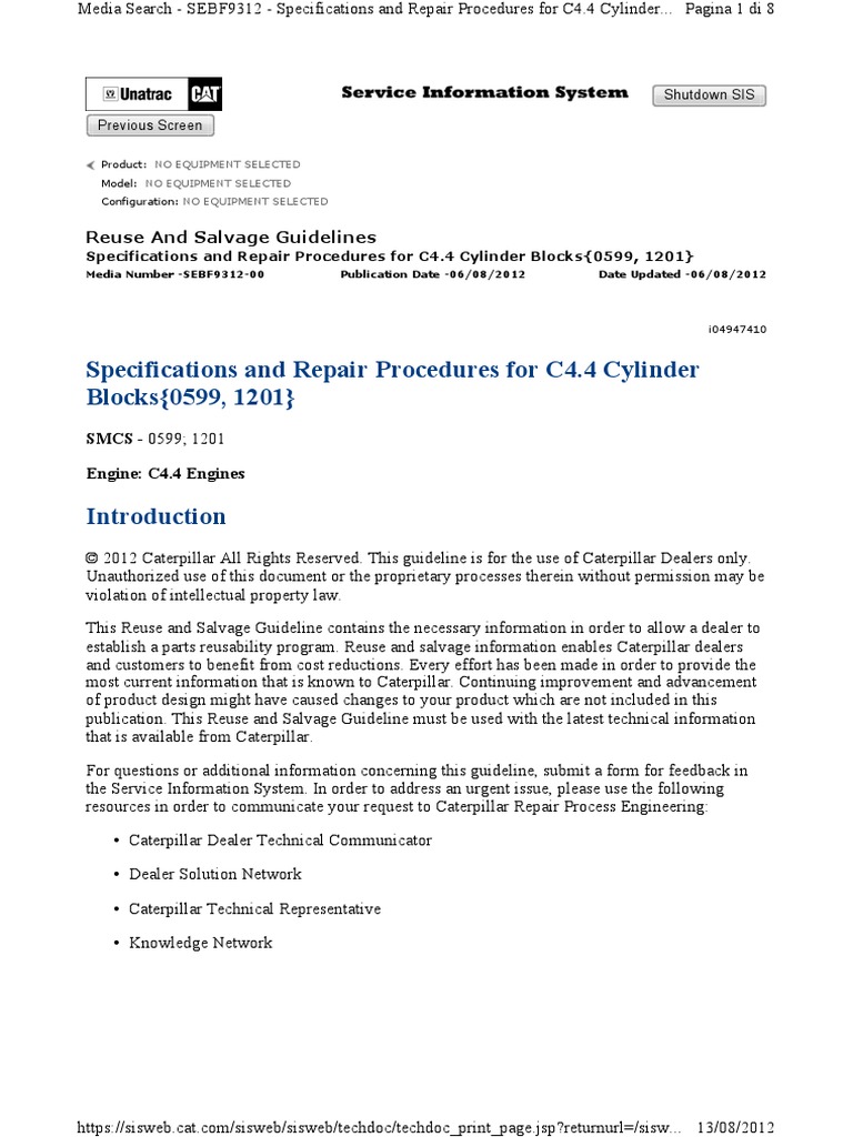 Specifications and Repair Procedures For C4.4 Cylinder Blocks | PDF ...