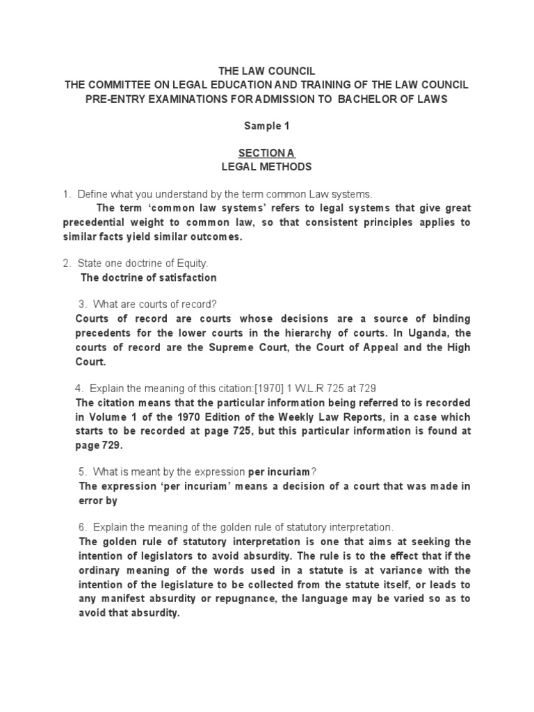Law Pre-Entry Exam Sample Questions | PDF | Precedent | Tort