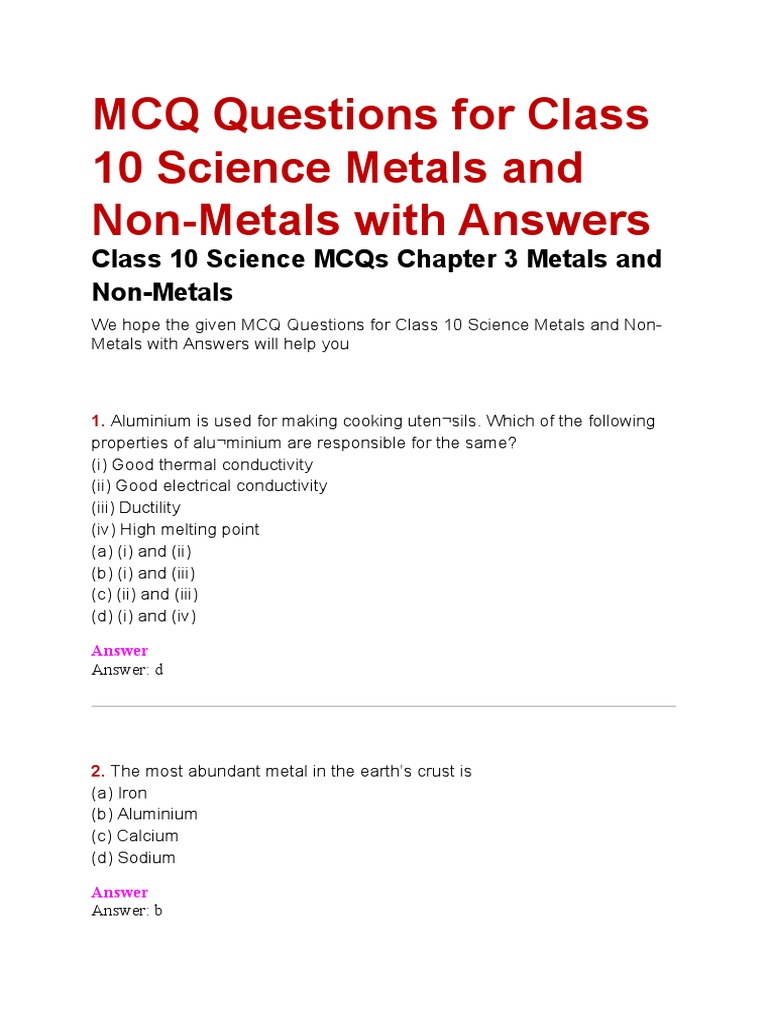 MCQ Questions For Class 10 Science Metals and Non | Download Free PDF ...