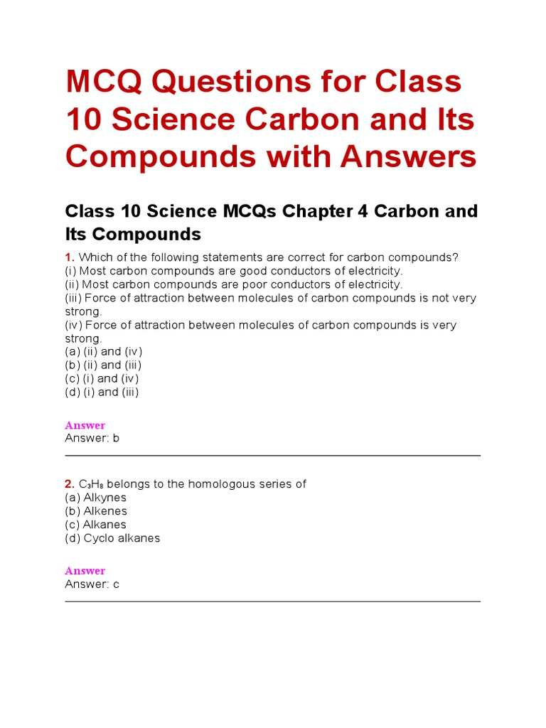 MCQ Questions For Class 10 Science Carbon and Its Compounds With ...