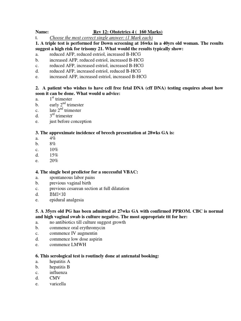 Obstetrics Exam Questions and Answers | PDF | Childbirth | Miscarriage