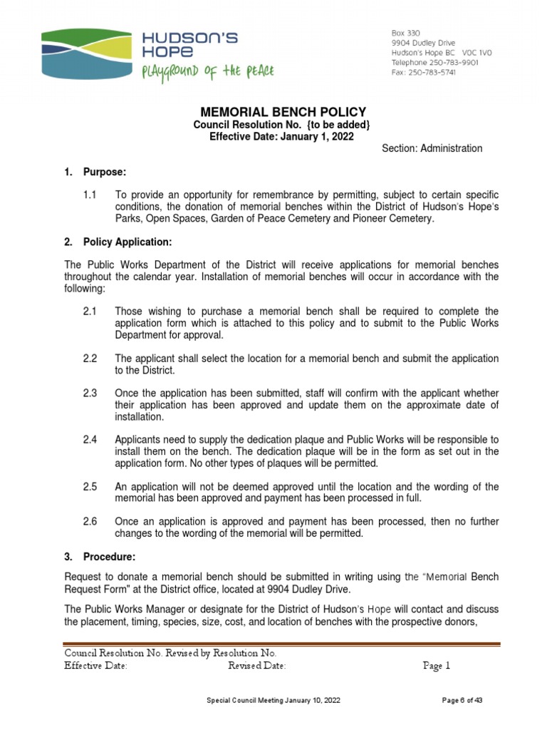 Memorial Bench Policy: Council Resolution No. (To Be Added) Effective ...