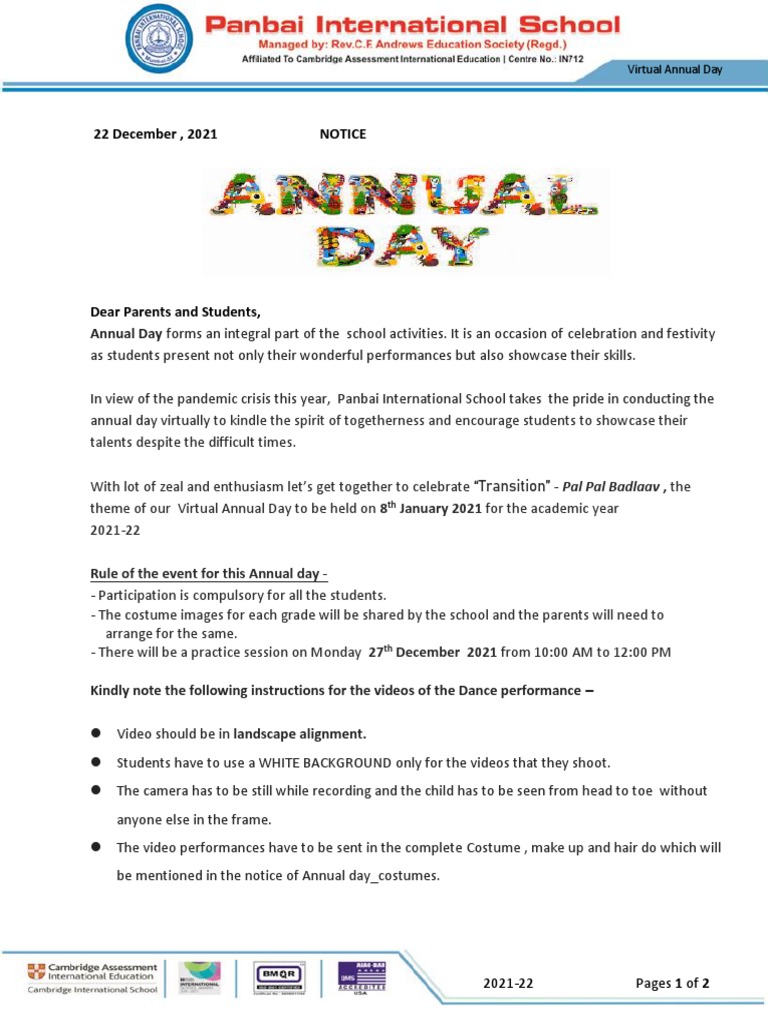 Annual Day Notice 2021 | PDF