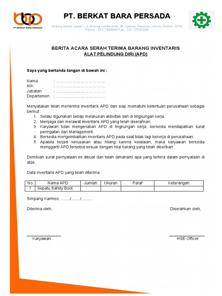 Form Berita Acara Serah Terima Apd | PDF