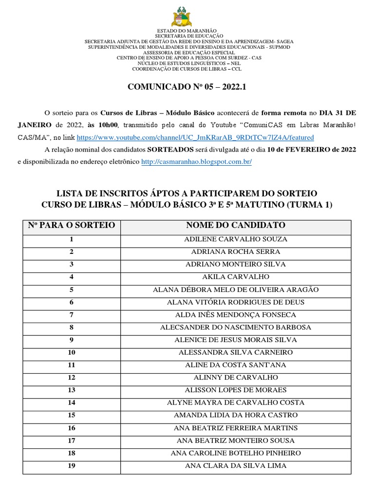 CCL Comunicado 005 2022 1sorteio Libras Básico | PDF