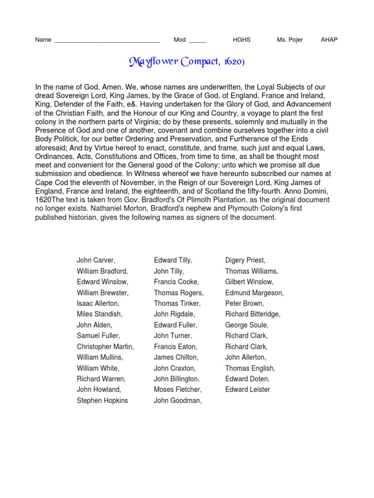 Mayflower Compact, 1620) : Name - Mod - Hghs Ms. Pojer Ahap | PDF ...