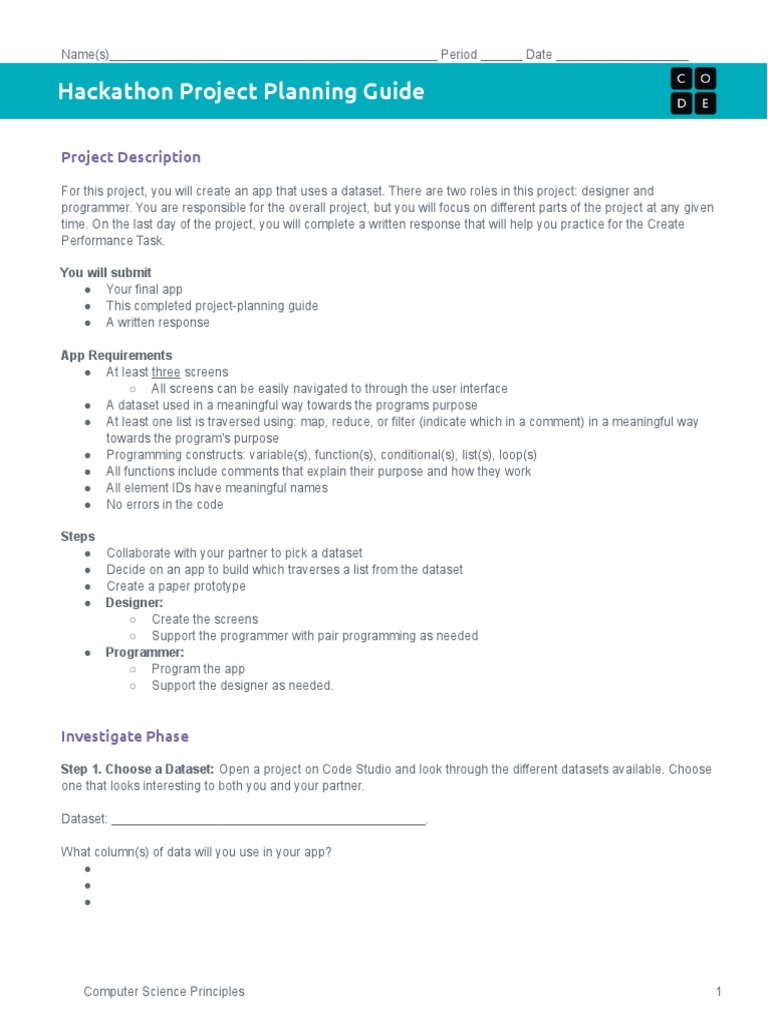 CSP 2021 Hackathon Project Planning Guide (Boucher) | PDF | Control ...