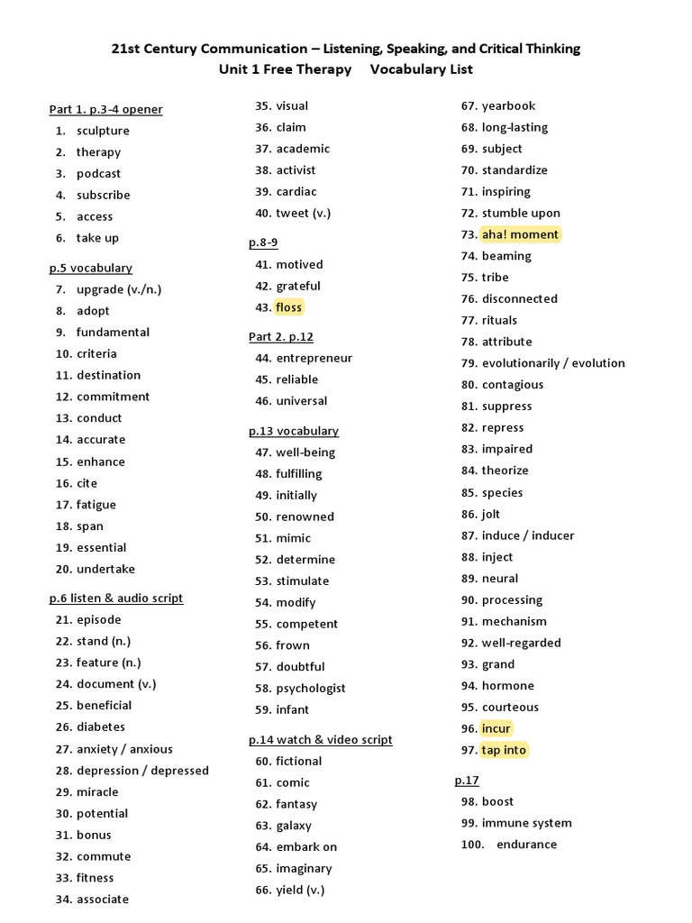 21st Century Communication - Vocabulary List - Unit 1 | PDF | Clinical ...