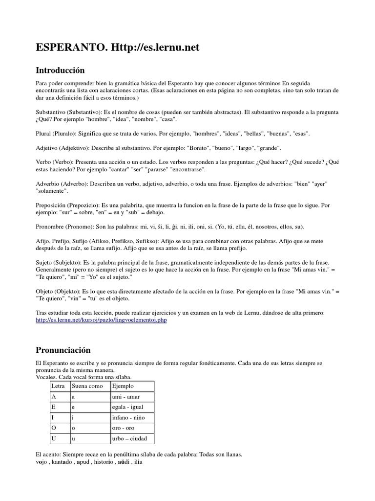 Gramática y Pronunciación en Esperanto | PDF | Verbo | Adverbio